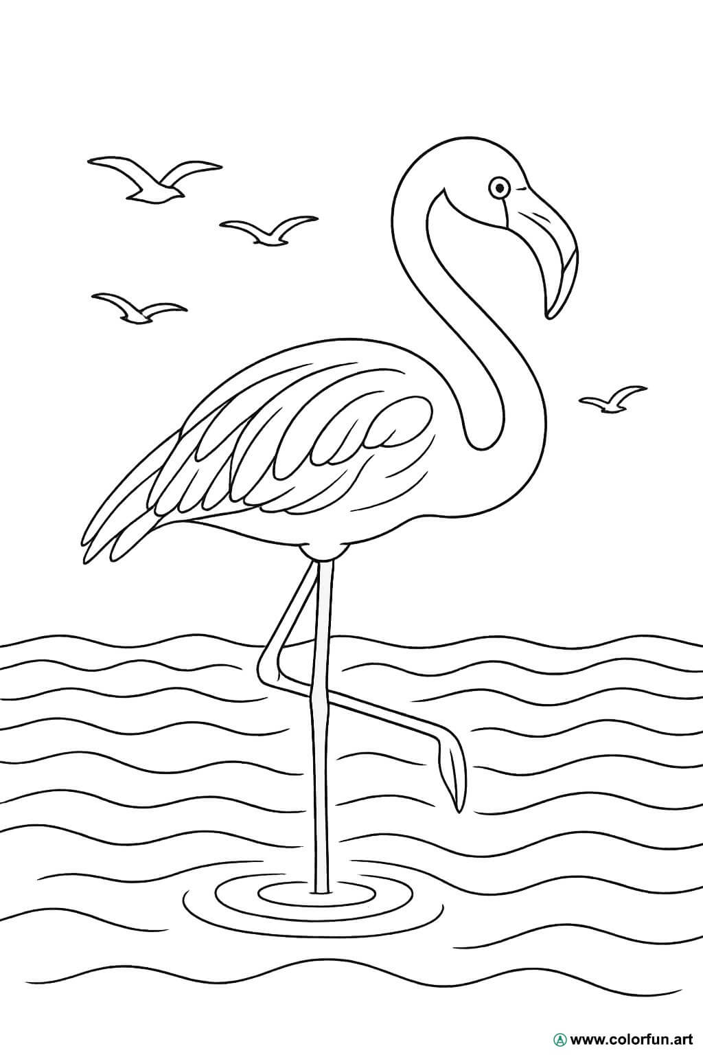 Pink flamingo coloring page by the seaside Download or Print for free
