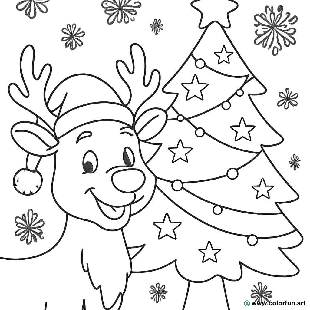 Easy Christmas coloring page with reindeer Download or Print for free