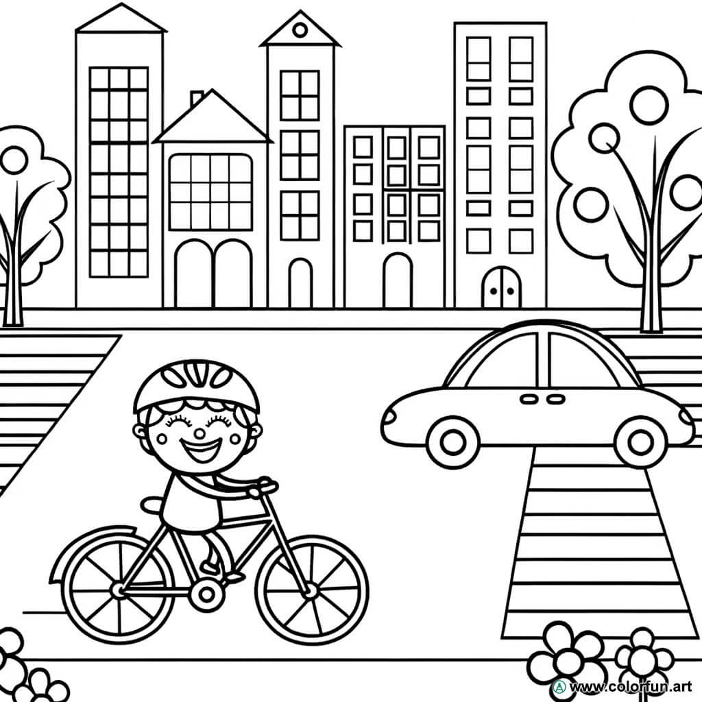 Coloring page of a cyclist in the city Download or Print for free