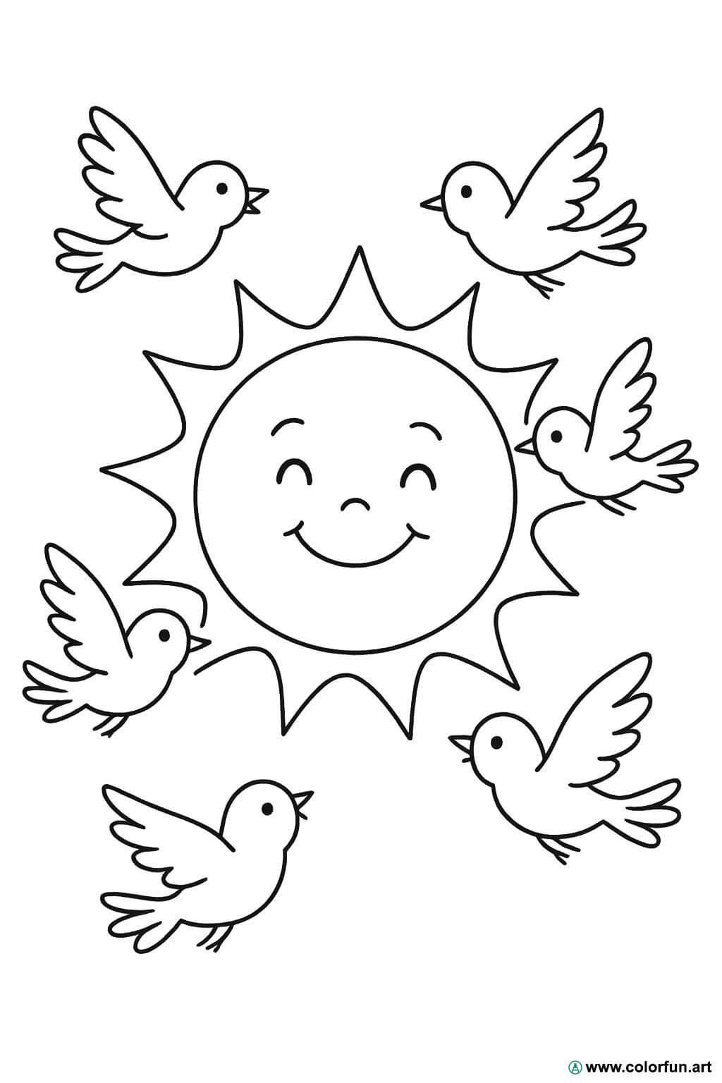 Sun coloring page with birds Download or Print for free