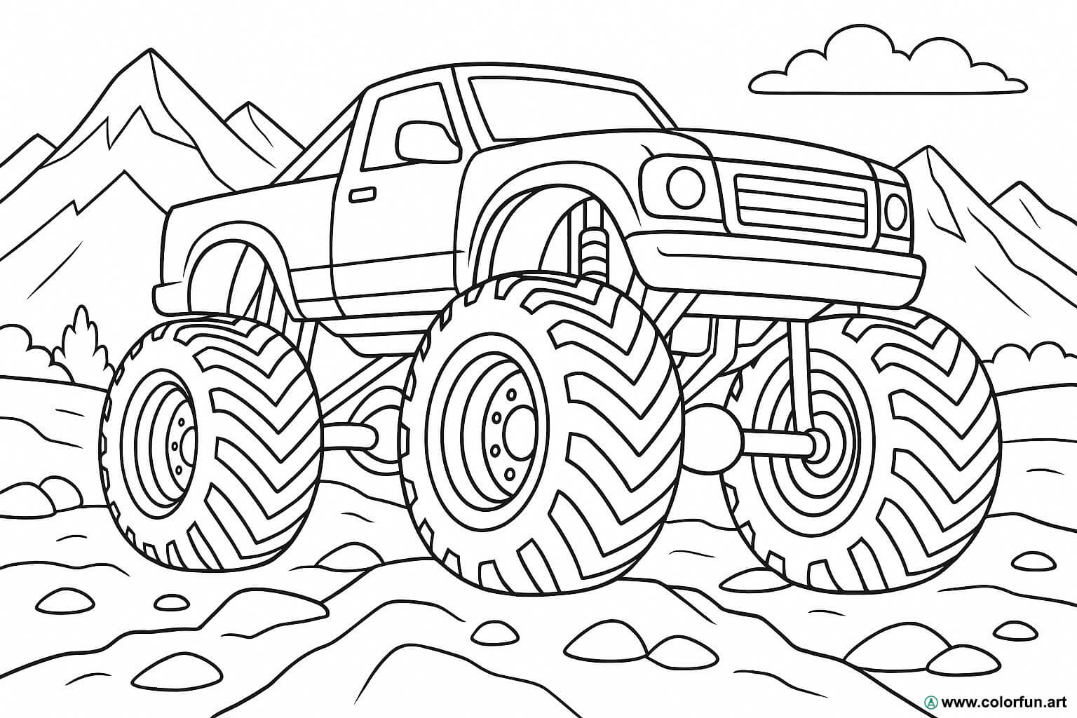 Monster truck coloring page with big tires Download or Print for free