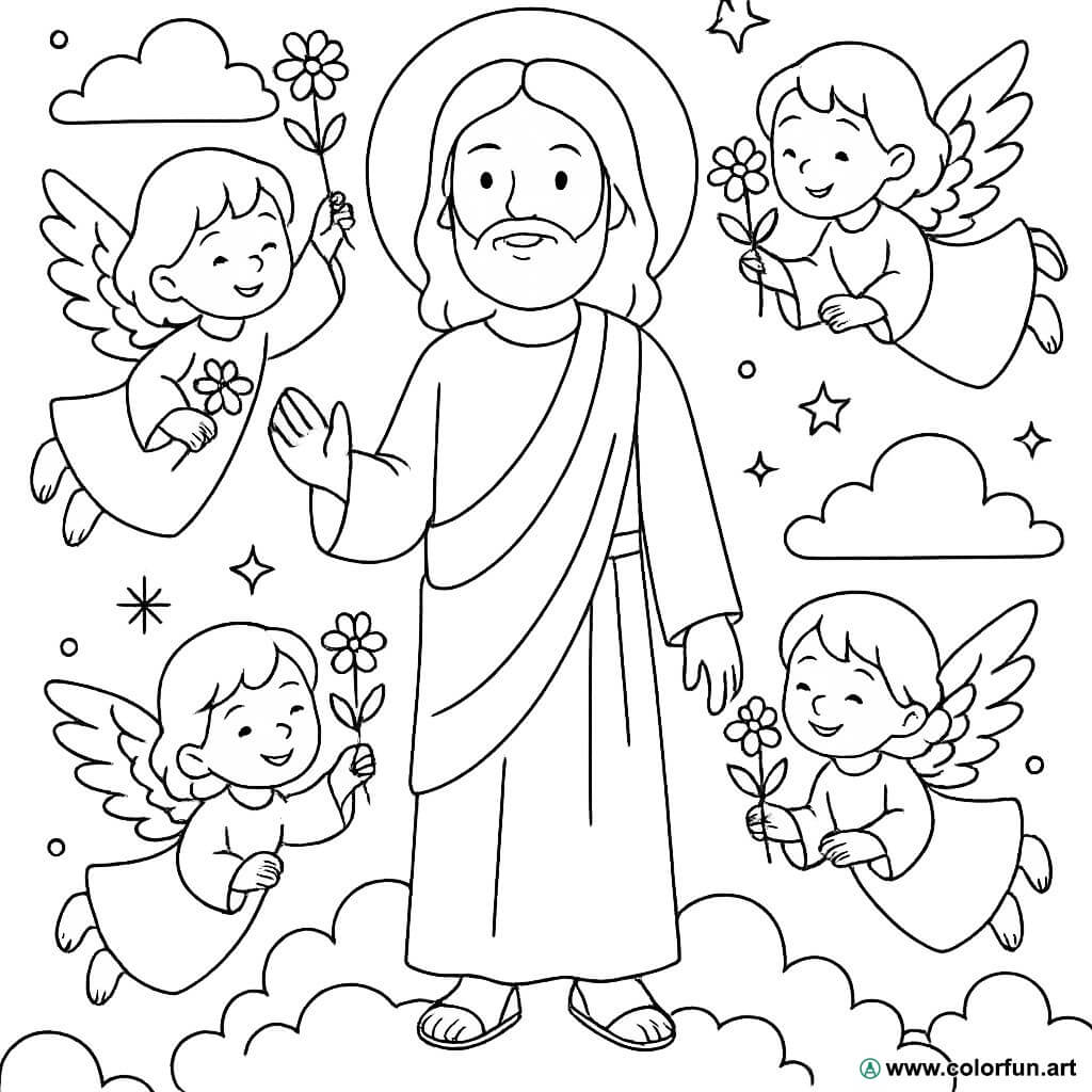 Coloriage de Jésus et des anges à Télécharger ou à Imprimer gratuitement