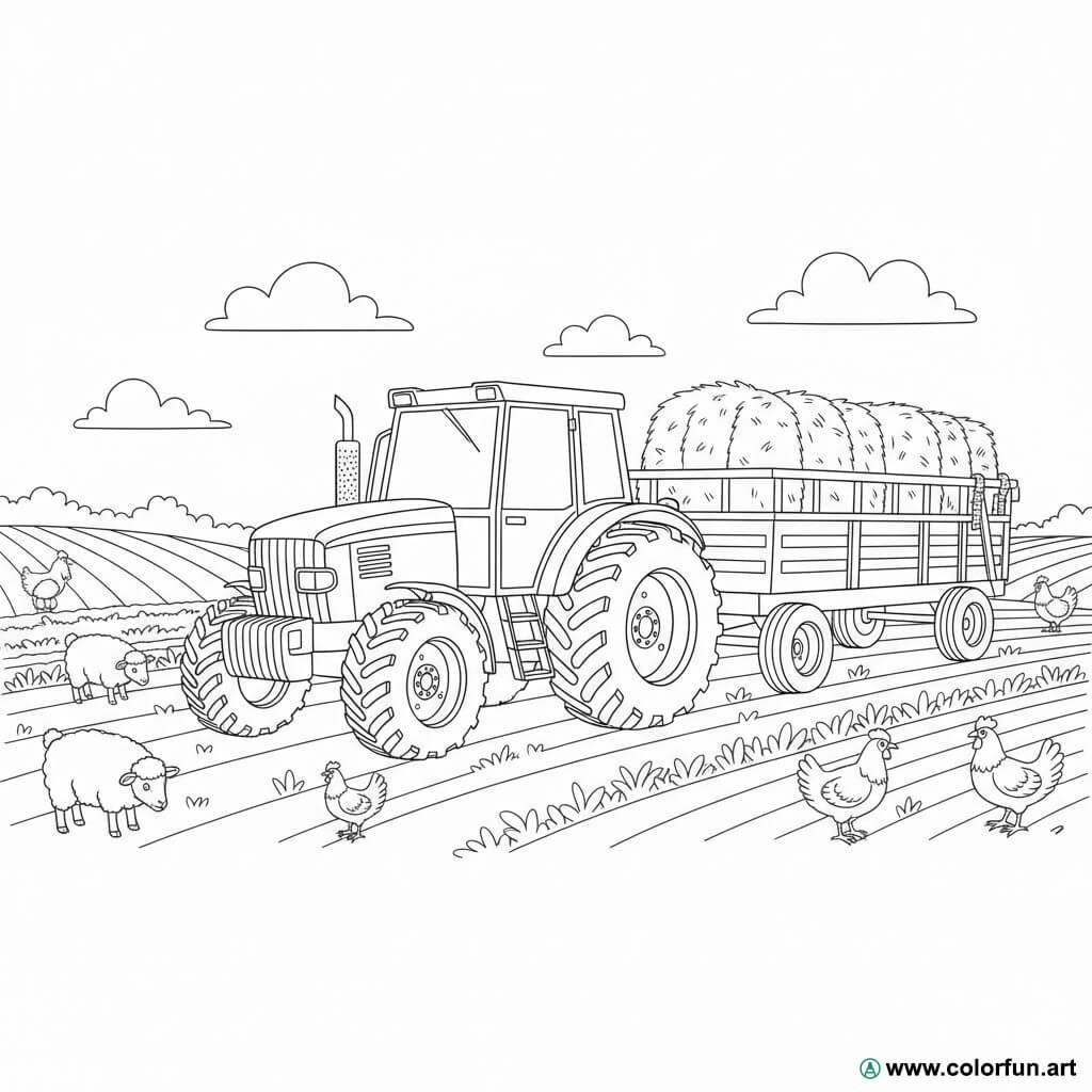 Tractor and Trailer Coloring Page at the Farm Download or Print for free