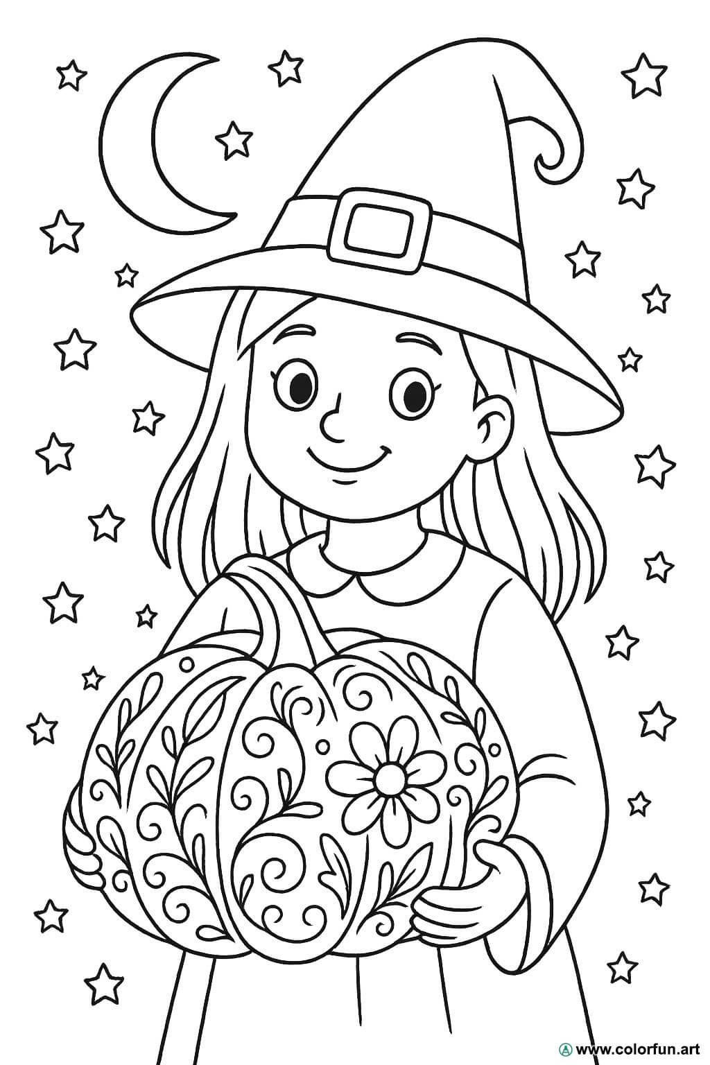 Coloriage de sorcière avec une citrouille à Télécharger ou à Imprimer ...