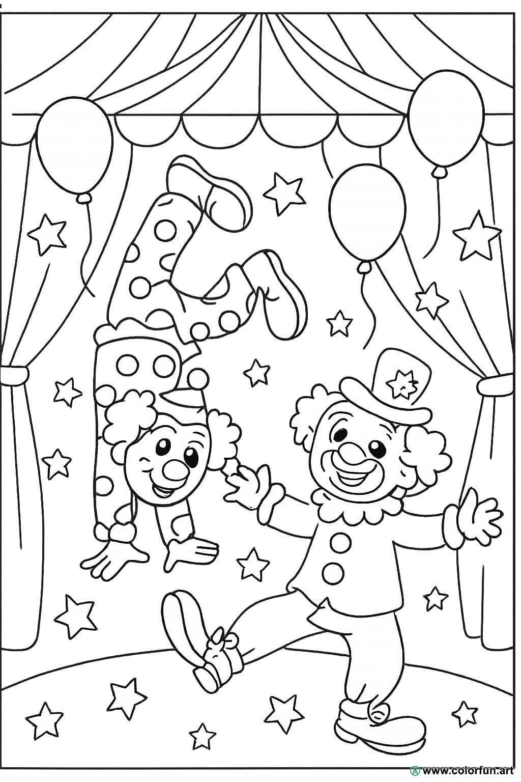 Coloring page of joyful clowns at the circus Download or Print for free