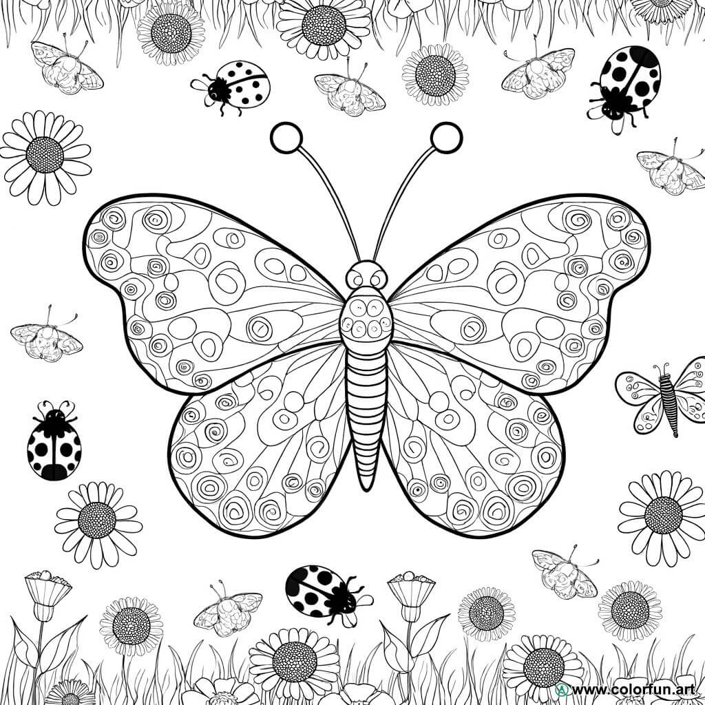 Planșă de colorat cu fluturi și insecte Descărcați sau tipăriți gratuit