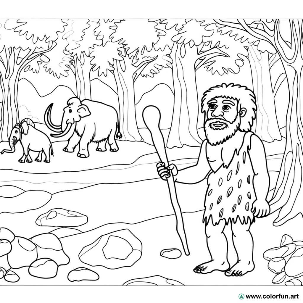 Coloring page of a prehistoric man in nature Download or Print for free