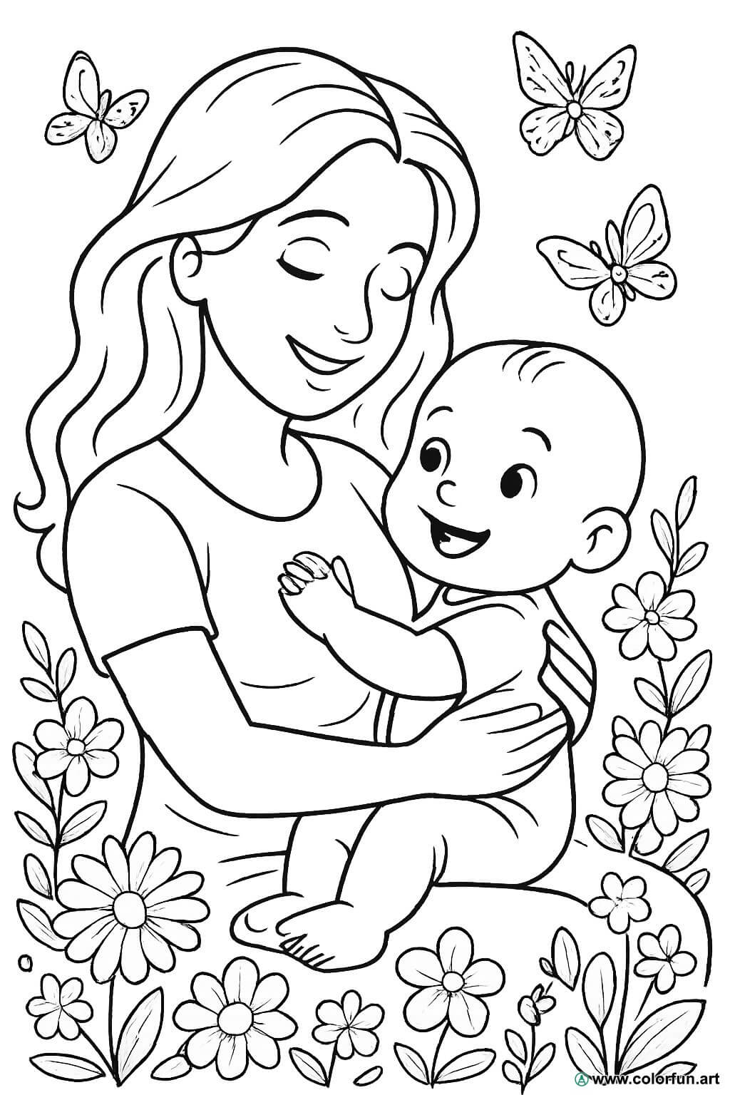 Coloring page of a human baby with its mother Download or Print for free