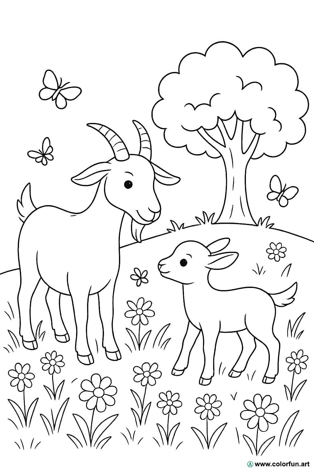 Coloring page of the goat and the kid Download or Print for free