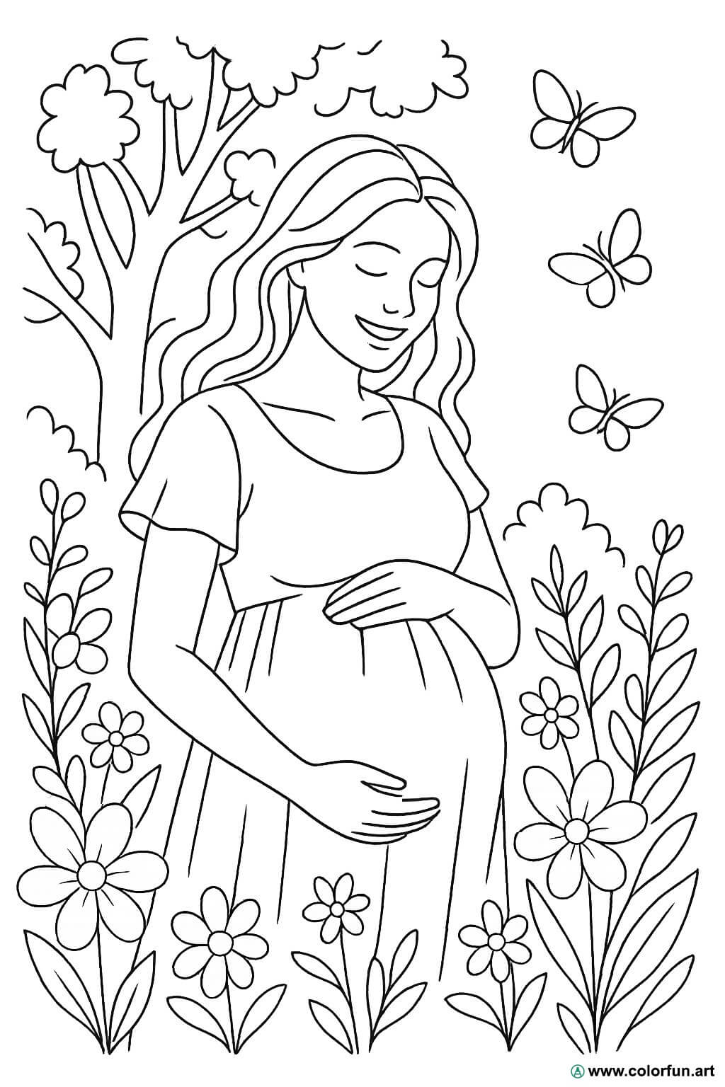 Pregnant woman in spring coloring page Download or Print for free
