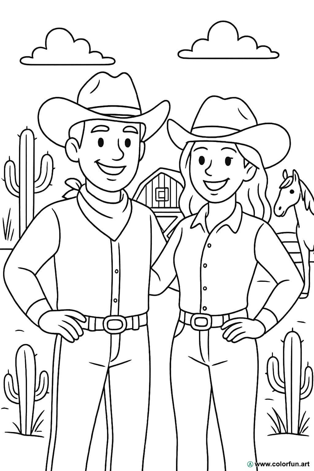 Cowboy and cowgirl coloring page Download or Print for free