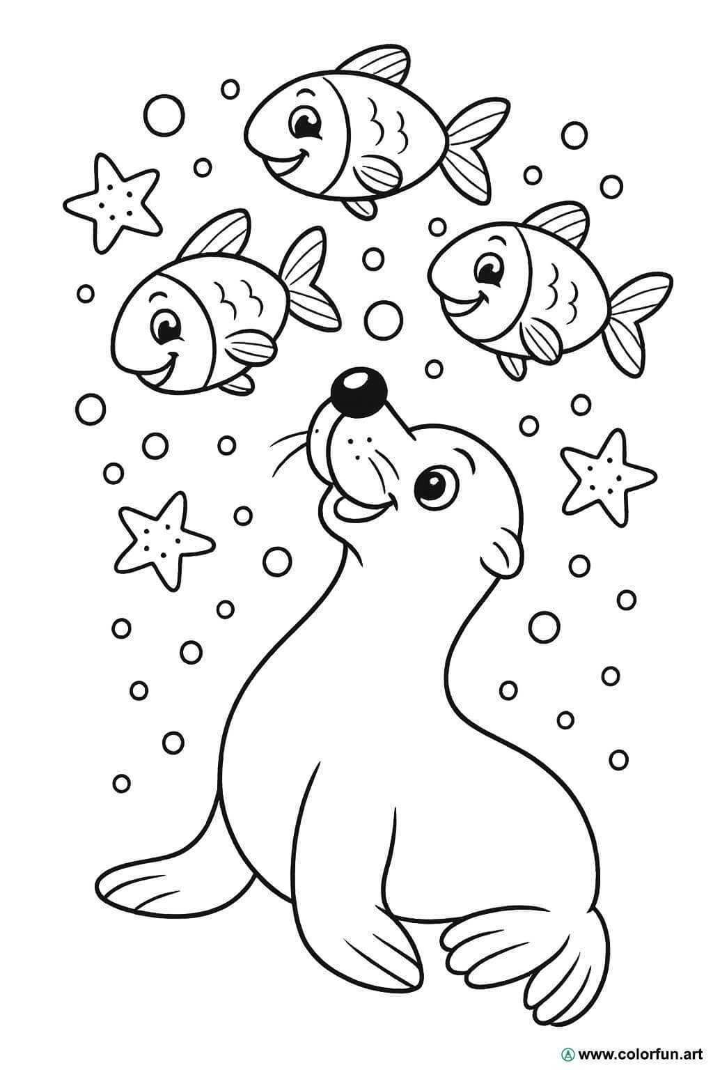 Dibujo para colorear de la foca y los peces Descargar o Imprimir de ...