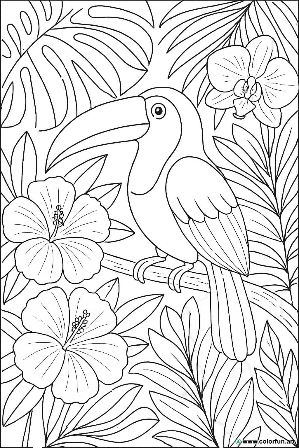 Coloring page of an exotic bird among flowers Download or Print for free