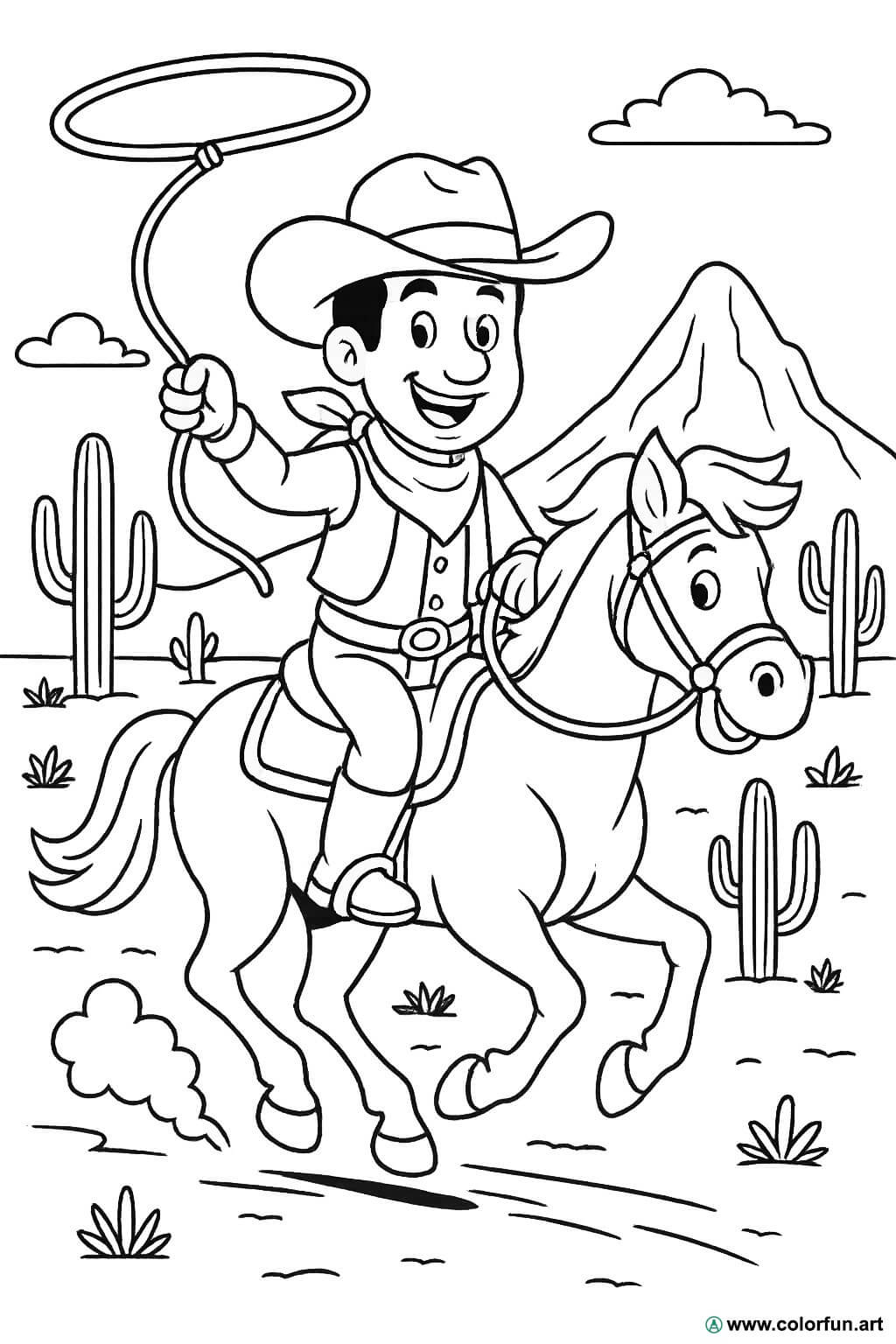 Coloring page of a cowboy on an adventure Download or Print for free