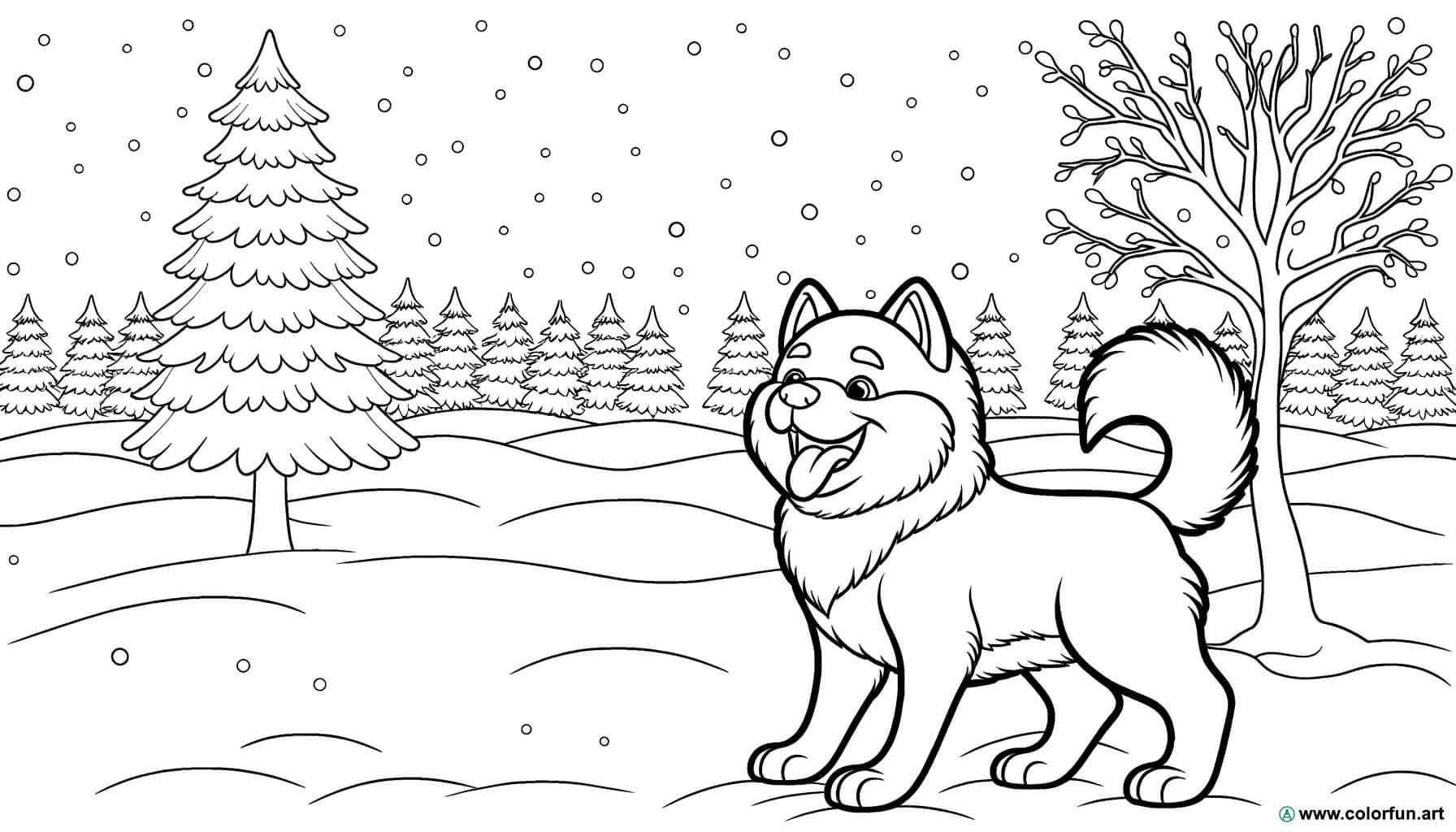 Coloring page of a husky in winter Download or Print for free