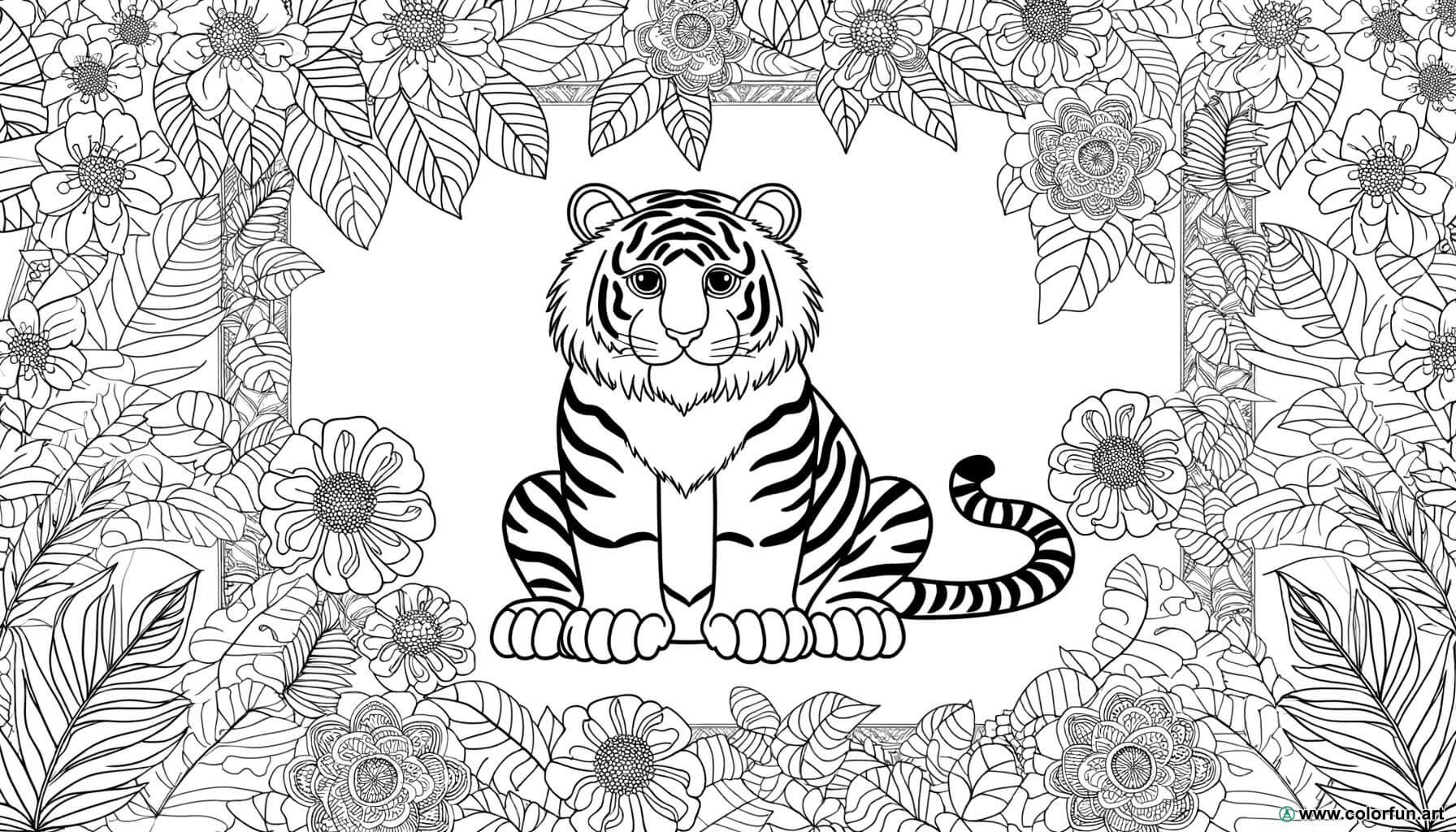 Coloring page of a tiger among flowers Download or Print for free