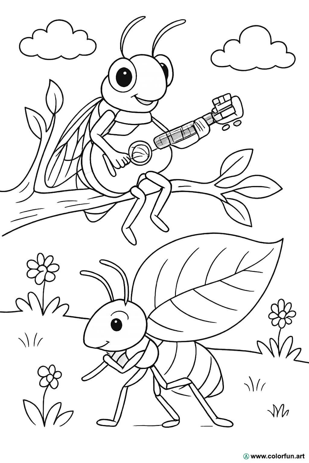 Coloriage de la cigale et de la fourmi pour les grands à Télécharger ou ...