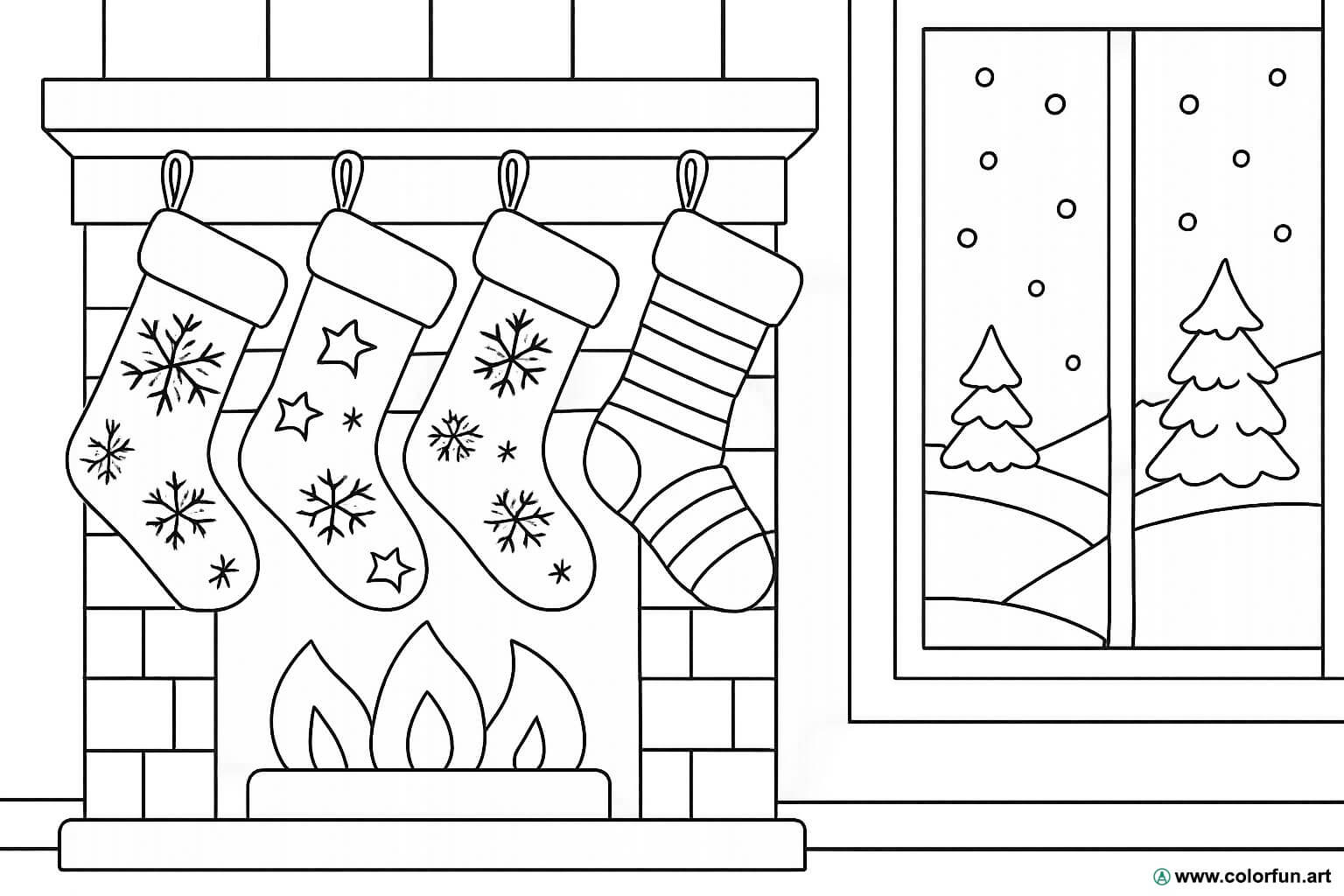 Christmas socks coloring page in winter Download or Print for free