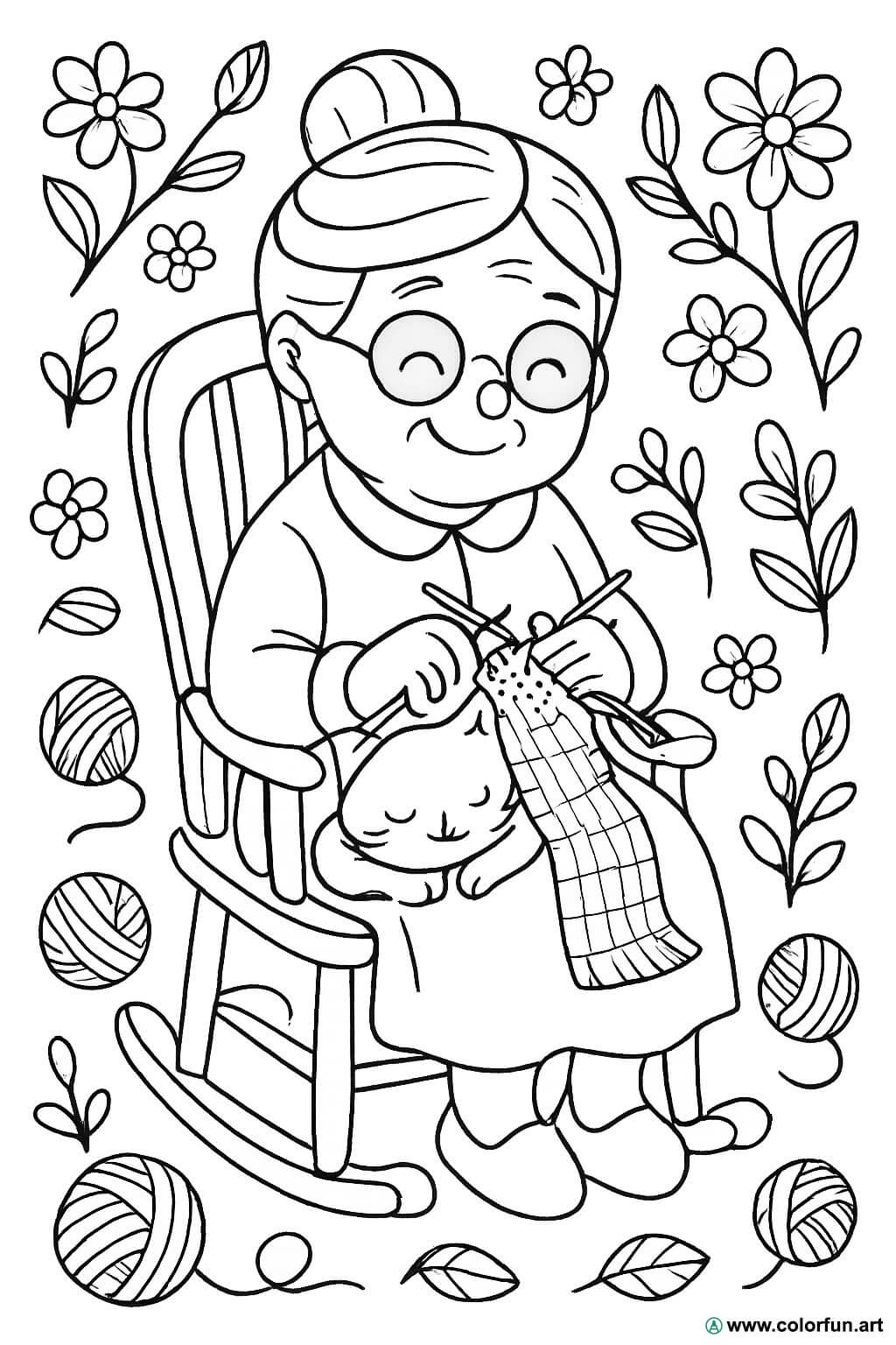 Kolorowanka babci z kotem Do pobrania lub wydrukowania za darmo
