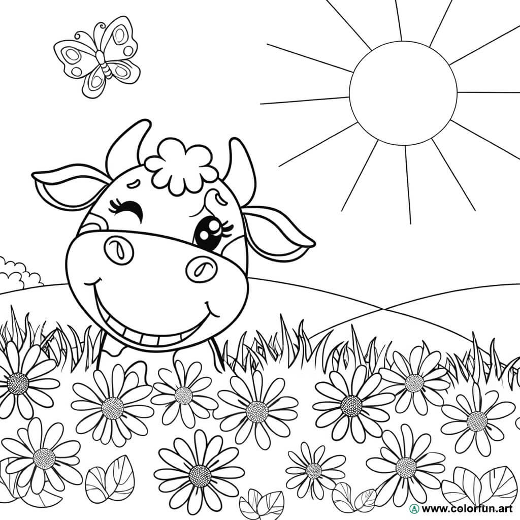 Coloriage de vache en été à Télécharger ou à Imprimer gratuitement