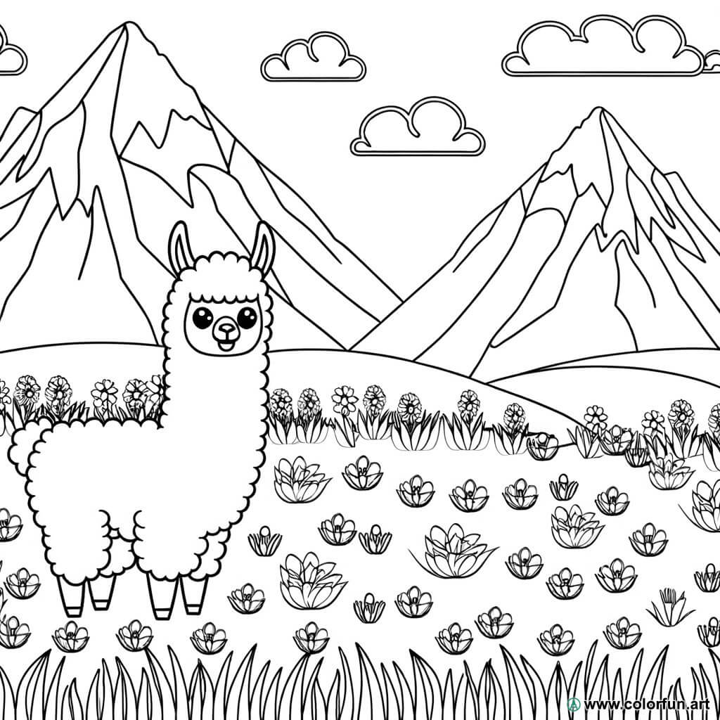 Coloring page of a llama in nature Download or Print for free