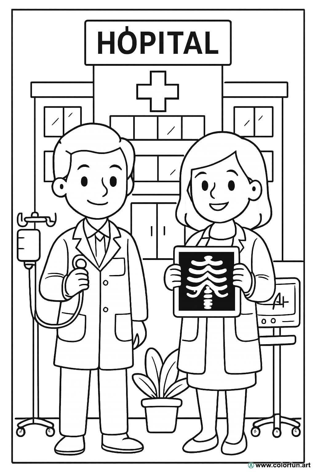 Coloriage d'un hôpital avec des médecins à Télécharger ou à Imprimer ...