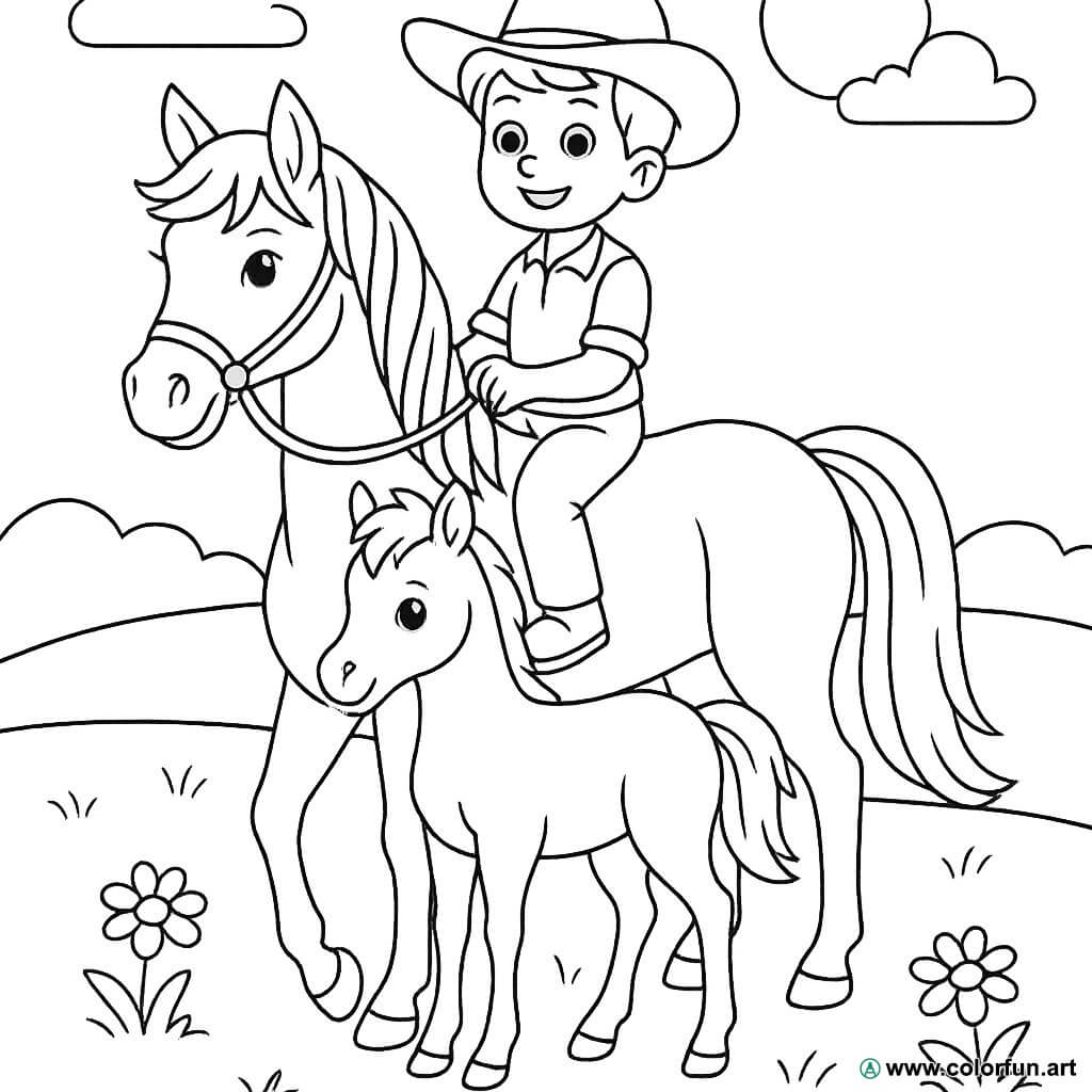 Ausmalbild von Pferd, Fohlen und seinem Reiter Kostenloser Download ...