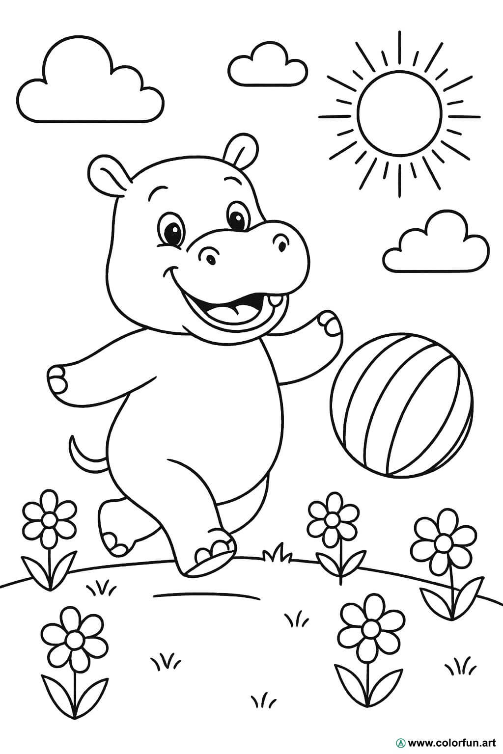 Coloring page of a hippopotamus playing Download or Print for free