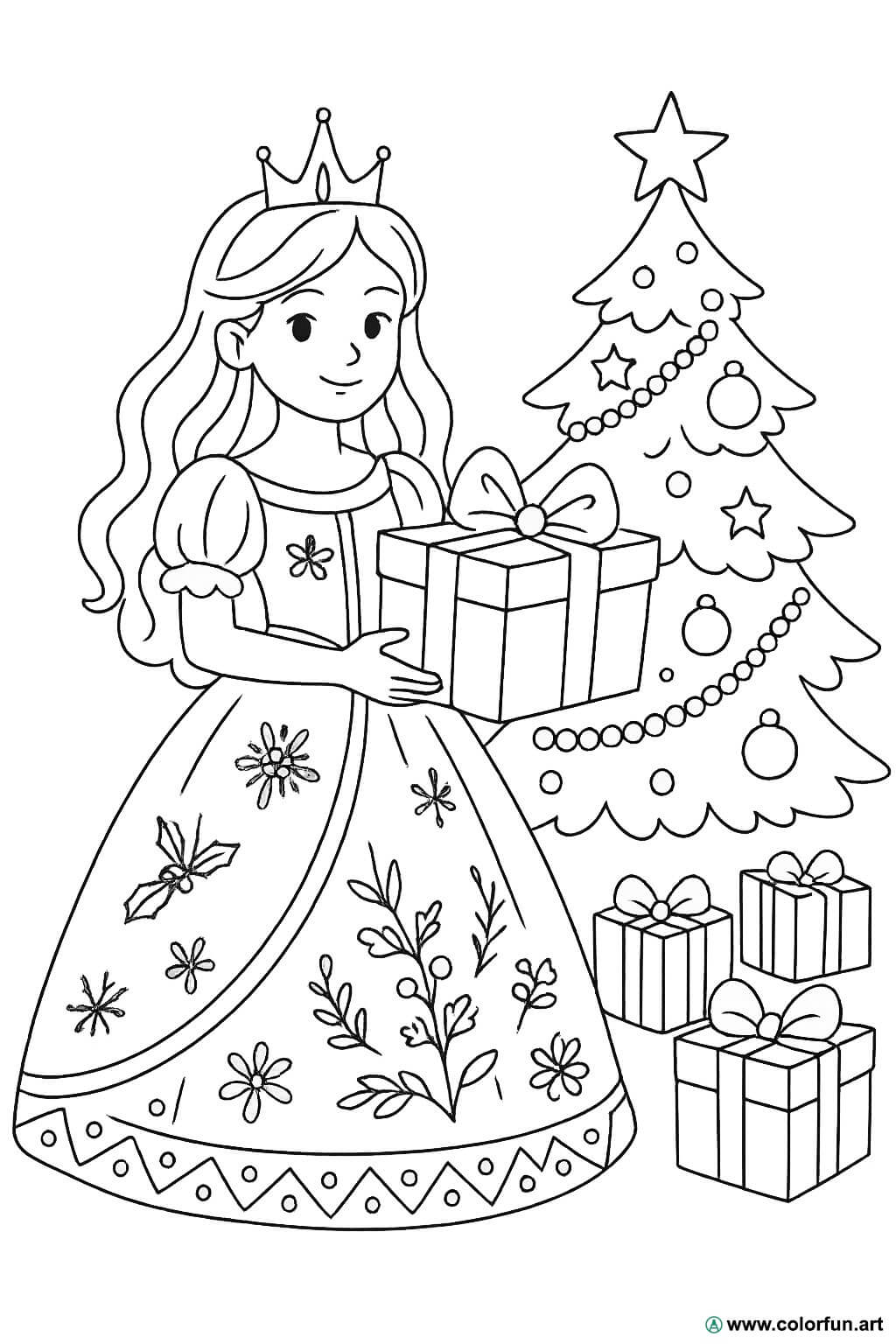 Coloriage de la princesse de Noël avec cadeaux à Télécharger ou à ...