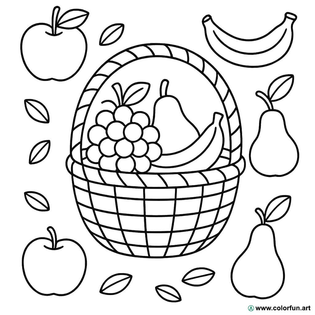 Planșă de colorat cu un coș de fructe Descărcați sau tipăriți gratuit