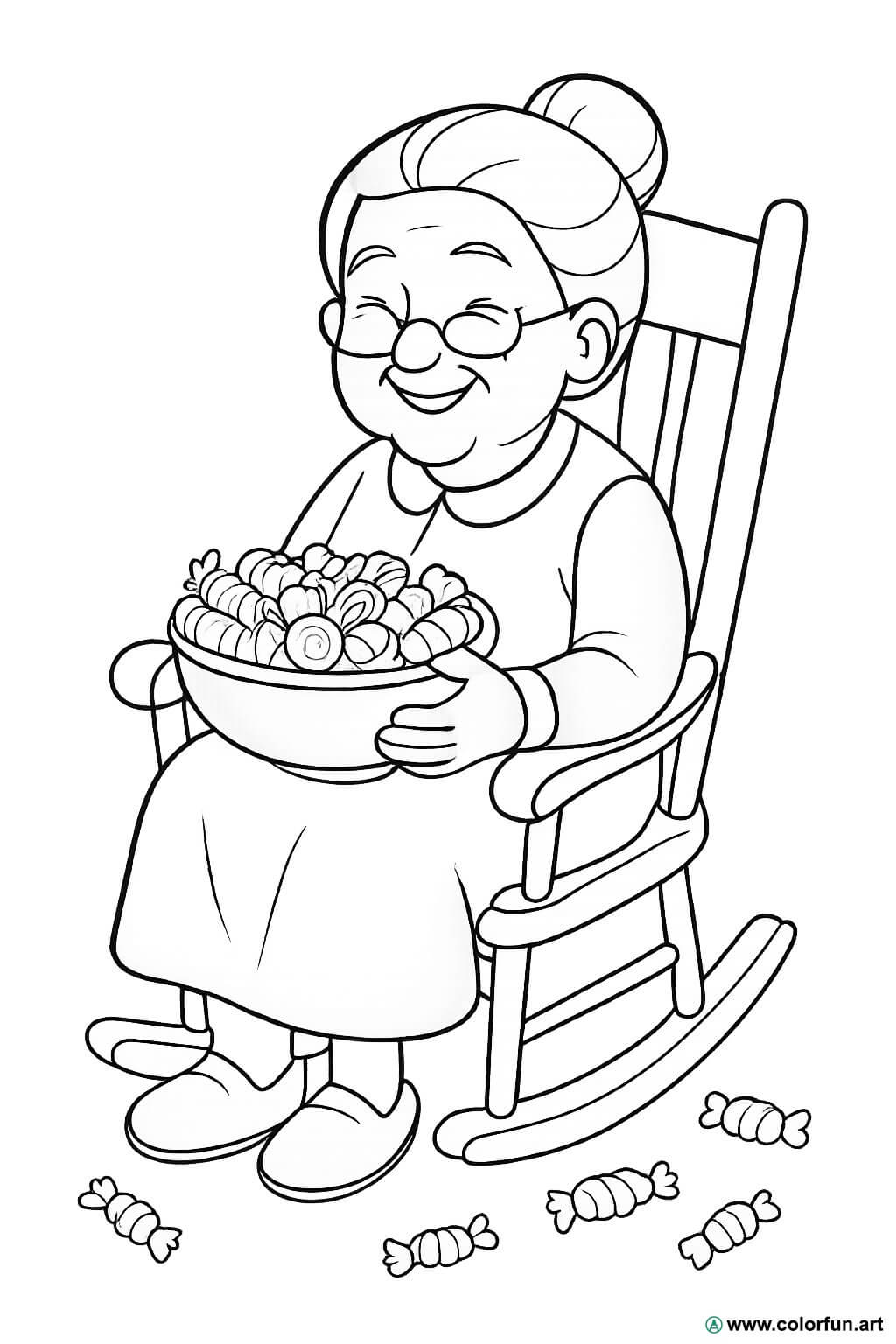 Ausmalbild von Oma und Bonbons Kostenloser Download oder Ausdruck verfügbar.