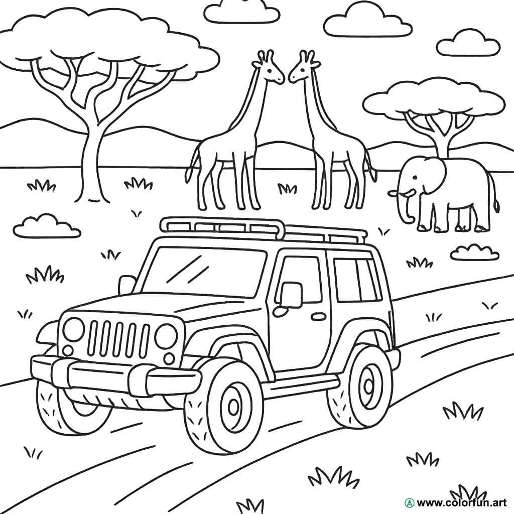 Coloring page of a 4x4 on safari in Africa Download or Print for free