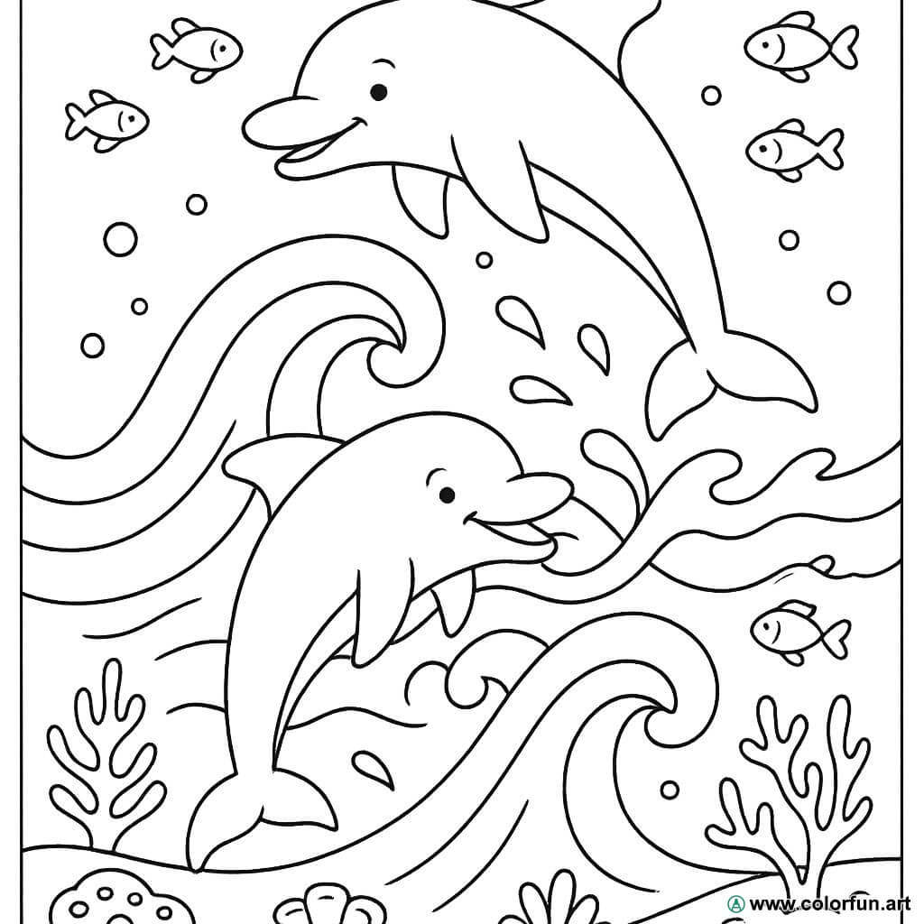 Coloriage de dauphins joueurs dans un fond marin à Télécharger ou à ...
