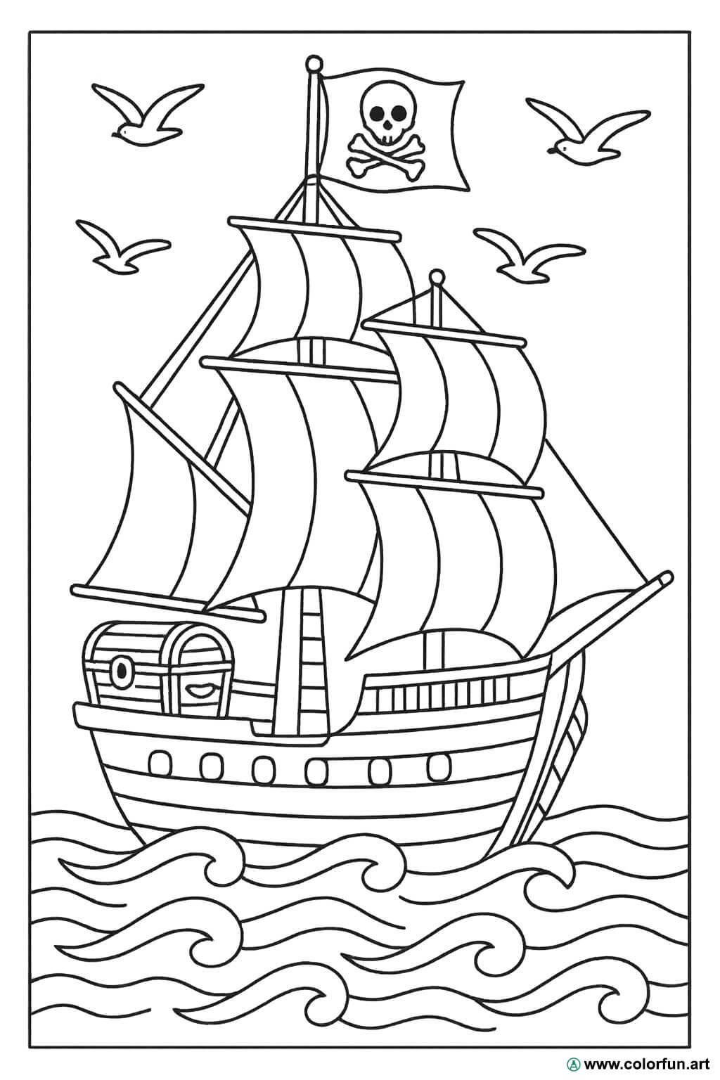 Coloring page of a pirate ship on an adventure Download or Print for free