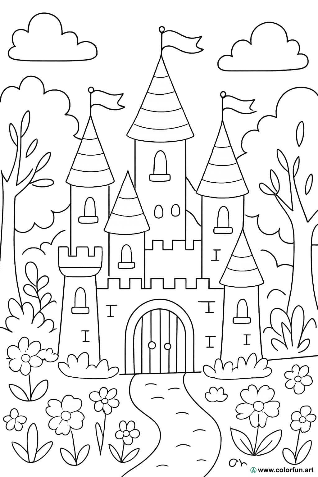 Dibujo para colorear de un castillo de princesa en el bosque Descargar ...