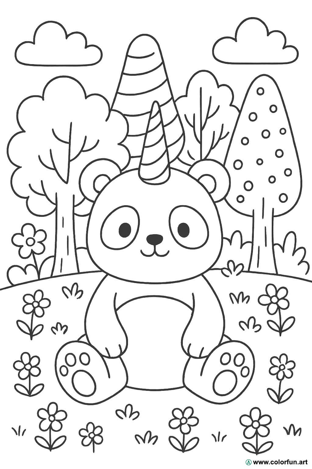Kolorowanka z jednorożcem pandą w lesie Do pobrania lub wydrukowania za ...