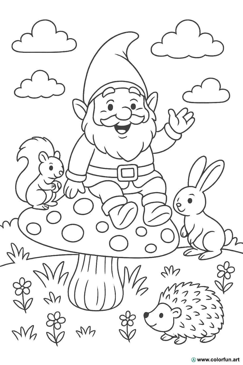 Coloring page of a gnome with animals Download or Print for free
