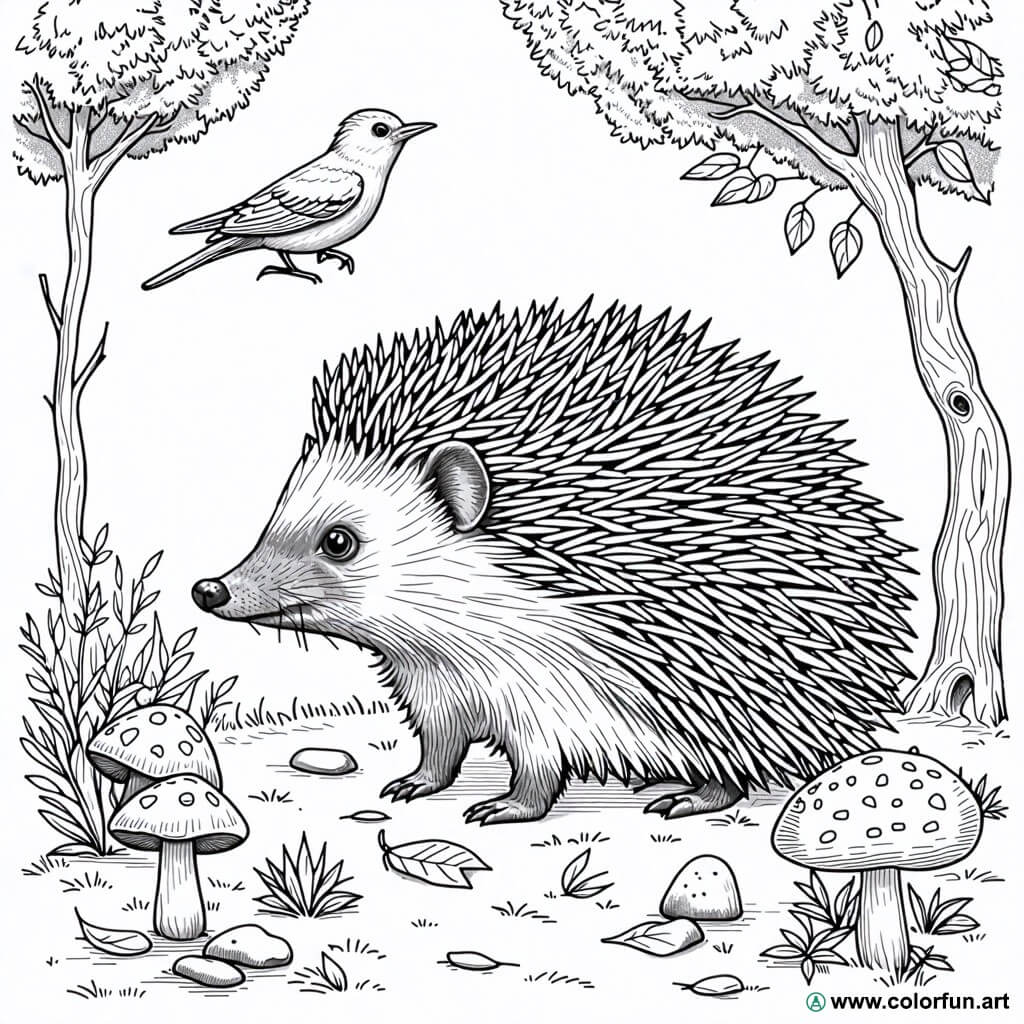 Hedgehog coloring page in the forest Download or Print for free