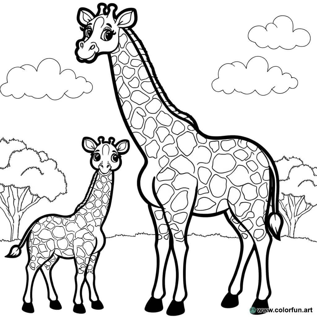 Dibujo para colorear de la jirafa y su bebé Descargar o Imprimir de forma gratuita