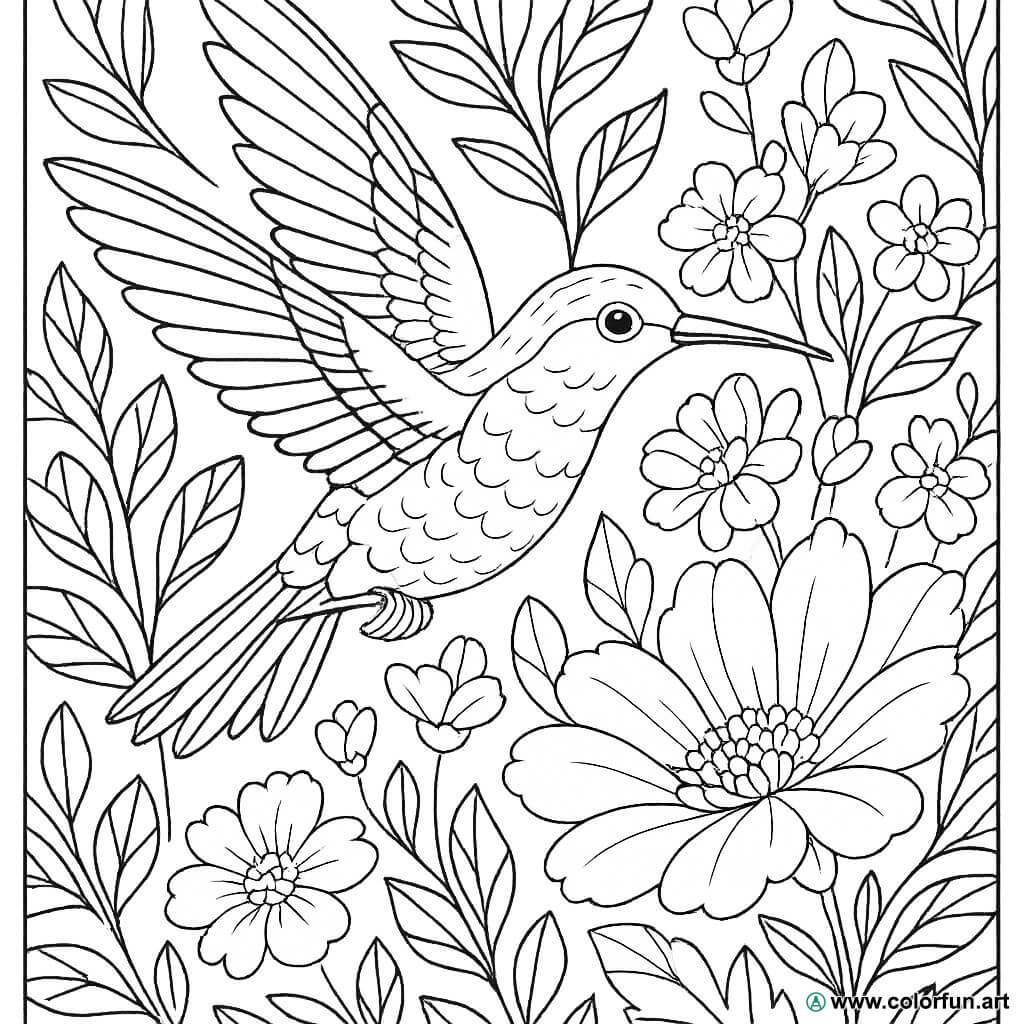 Coloring page of a hummingbird in the garden Download or Print for free