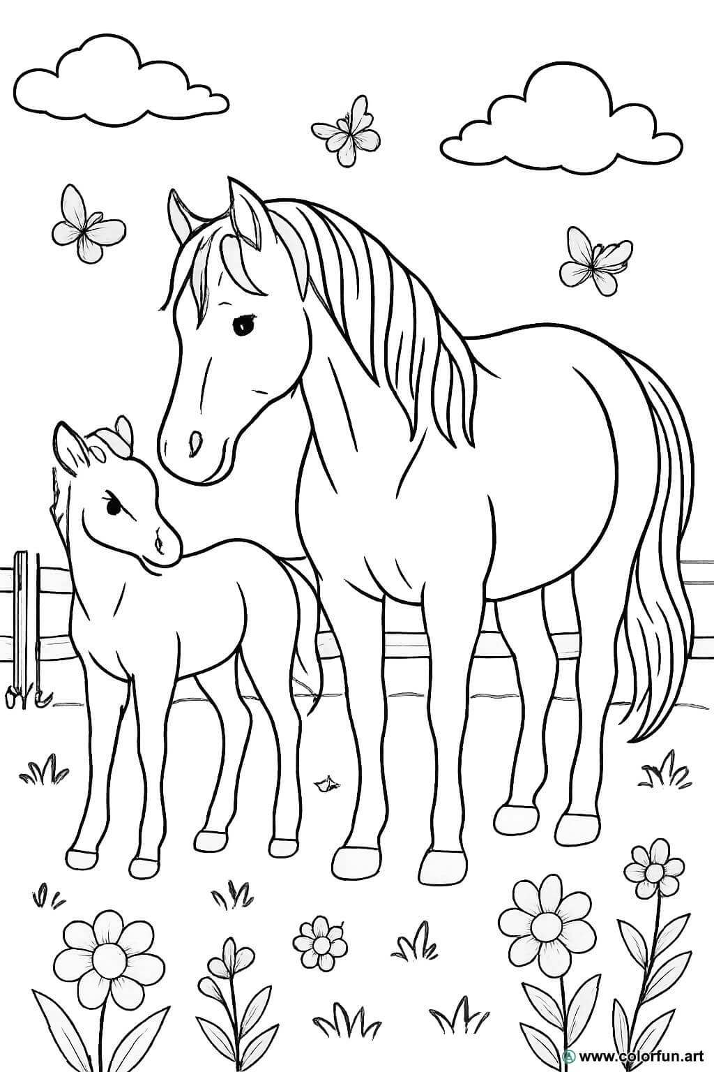 Horse and foal coloring page at the farm Download or Print for free