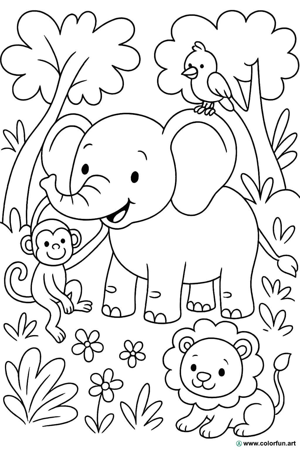 Elephant and his friends coloring page Download or Print for free