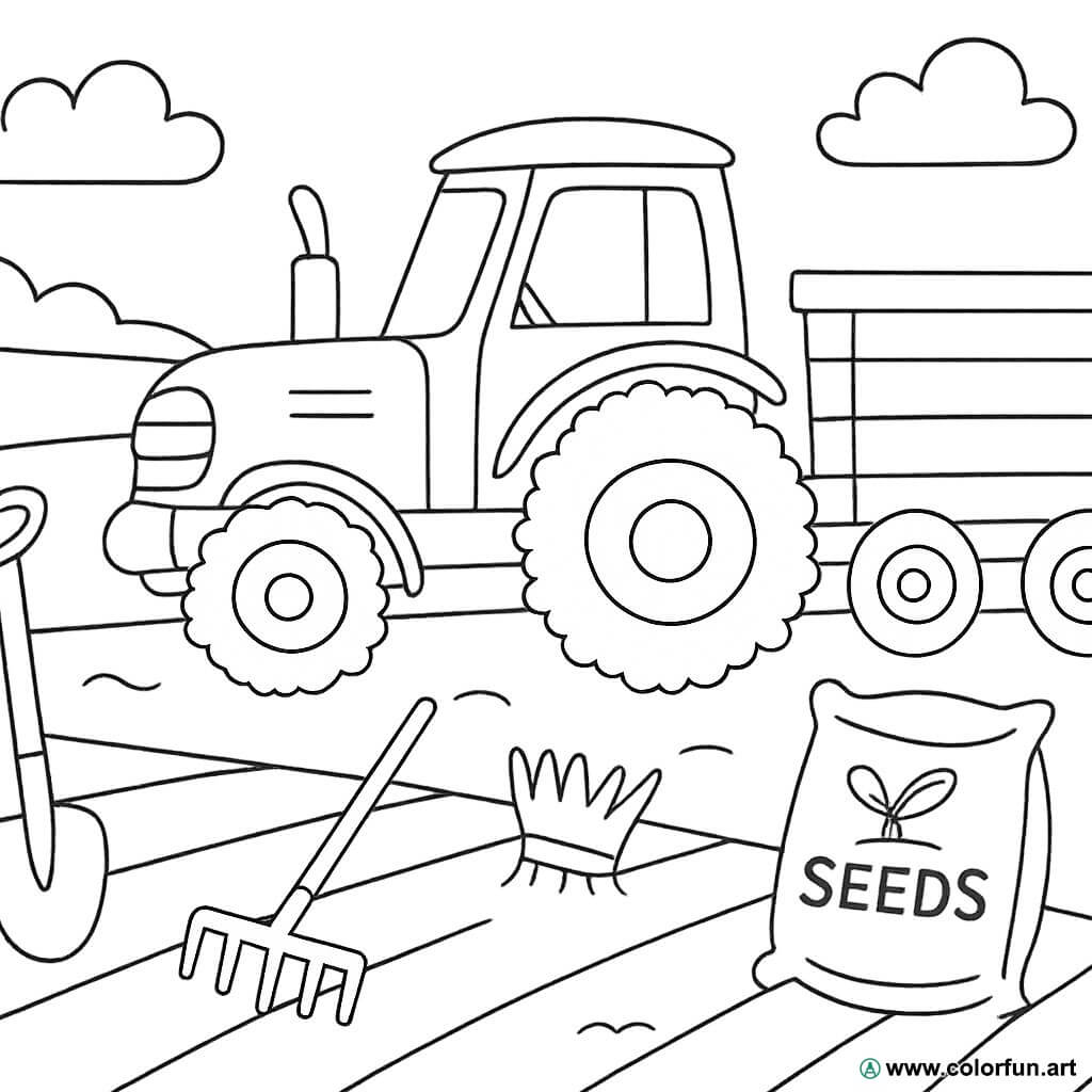 Planșă de colorat cu tractor și remorcă, împreună cu accesoriile sale ...