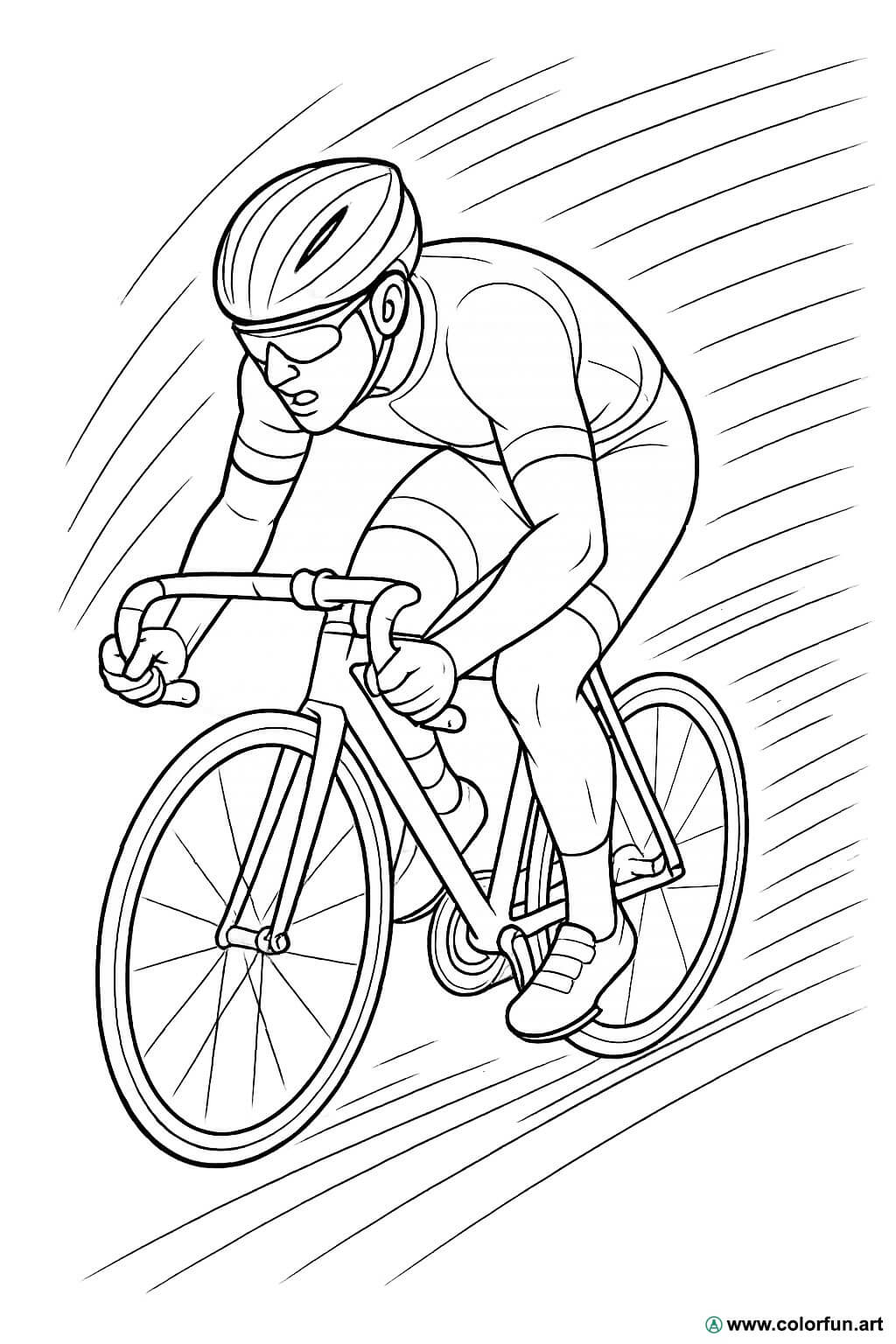 Coloring page of a cyclist in full sprint Download or Print for free