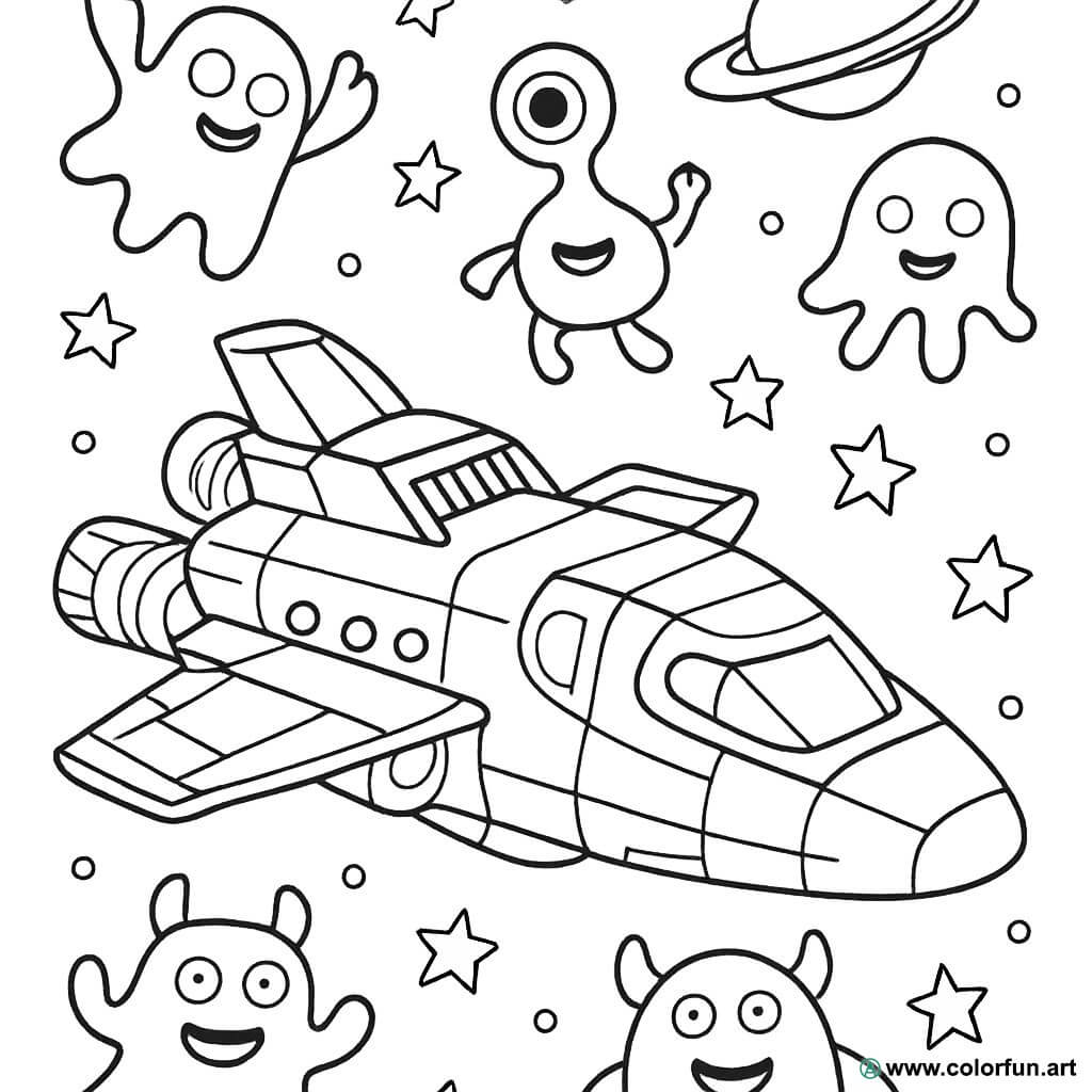 Coloring page of a spaceship with aliens Download or Print for free