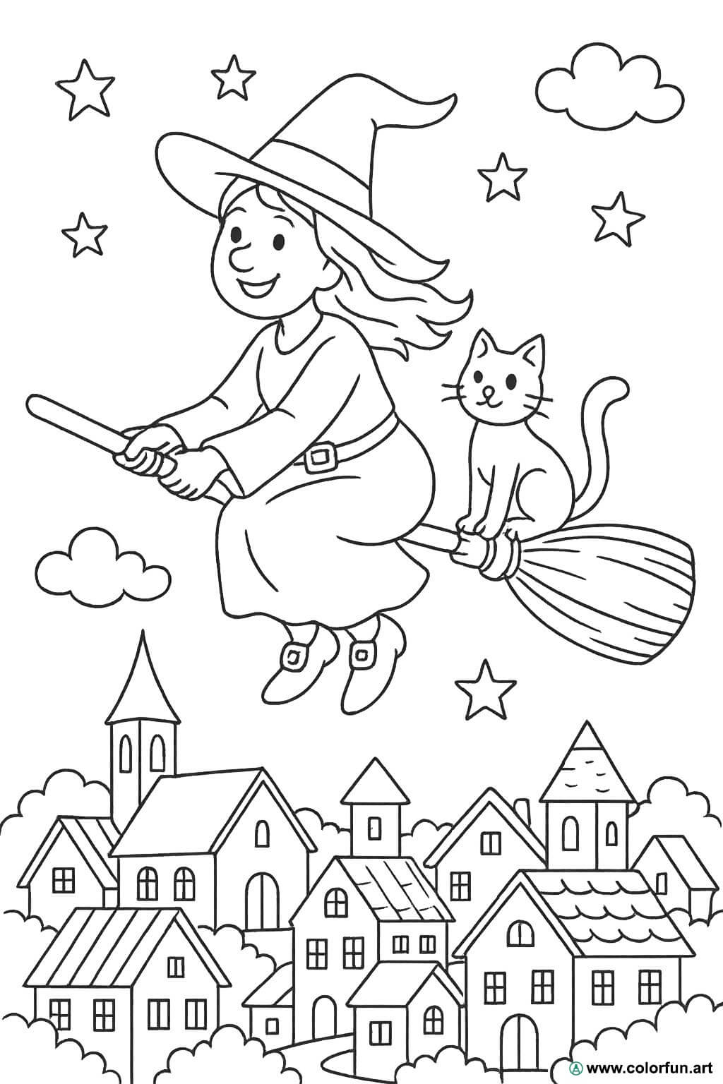Witch coloring page with a broom Download or Print for free
