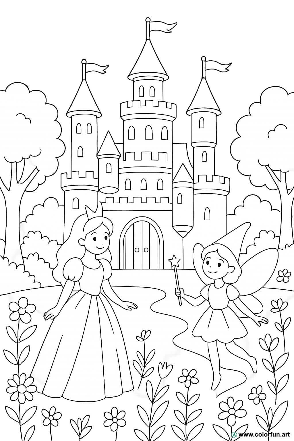 Castle, princess and fairy coloring page Download or Print for free