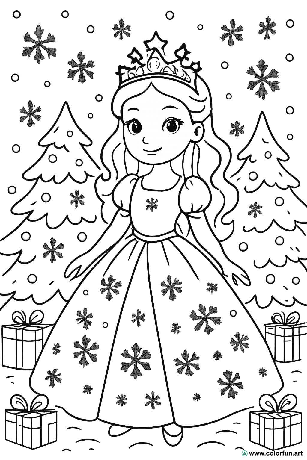Princess coloring page for Christmas in winter Download or Print for free