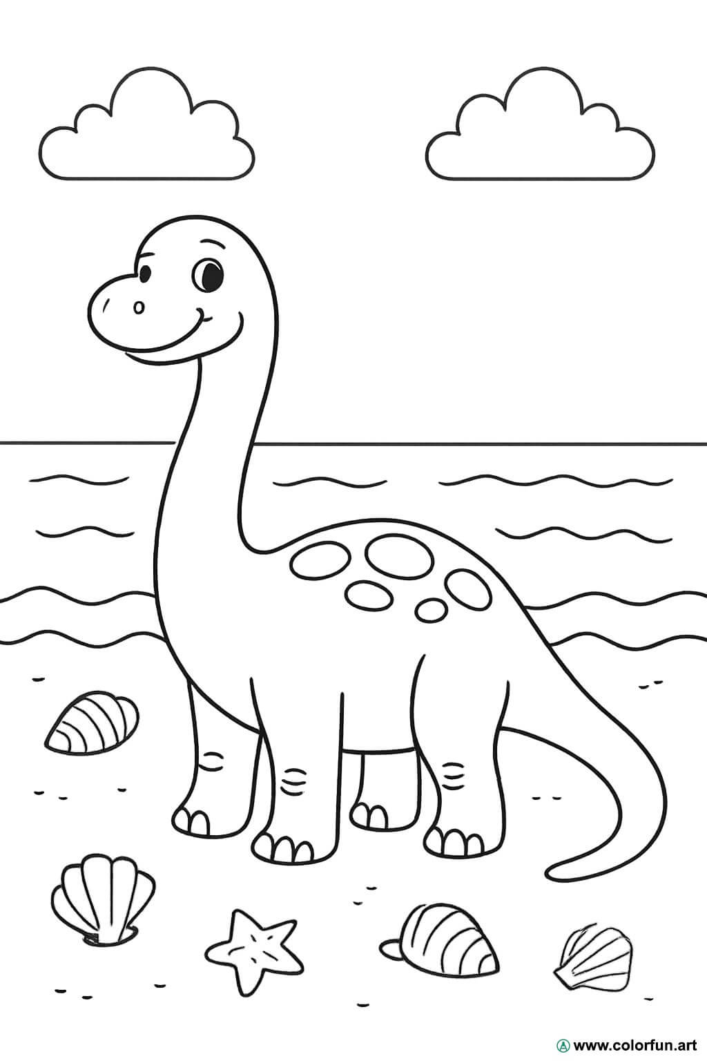 Coloring page of a diplodocus on the beach Download or Print for free