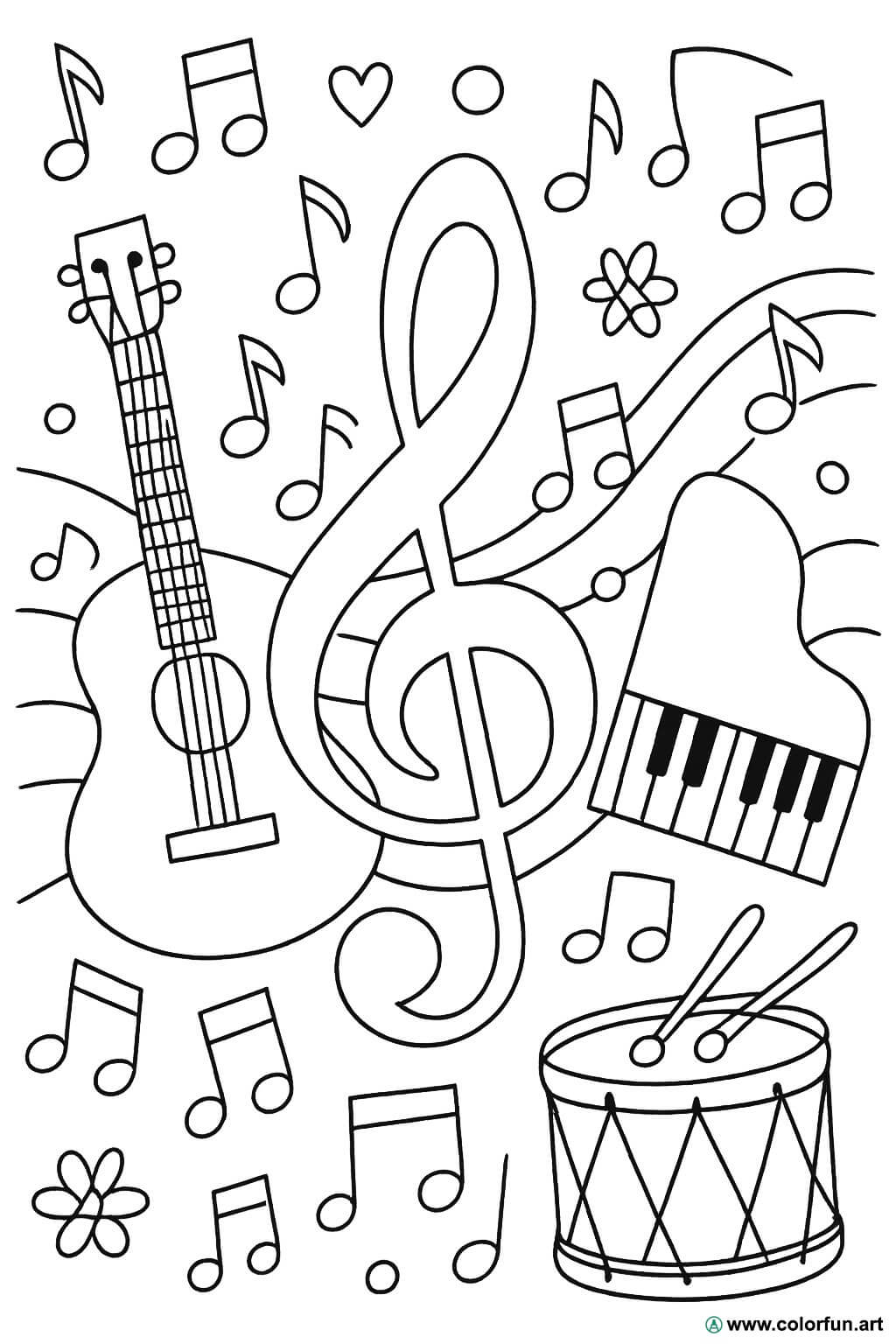 Dibujo para colorear de una nota musical con instrumentos Descargar o ...